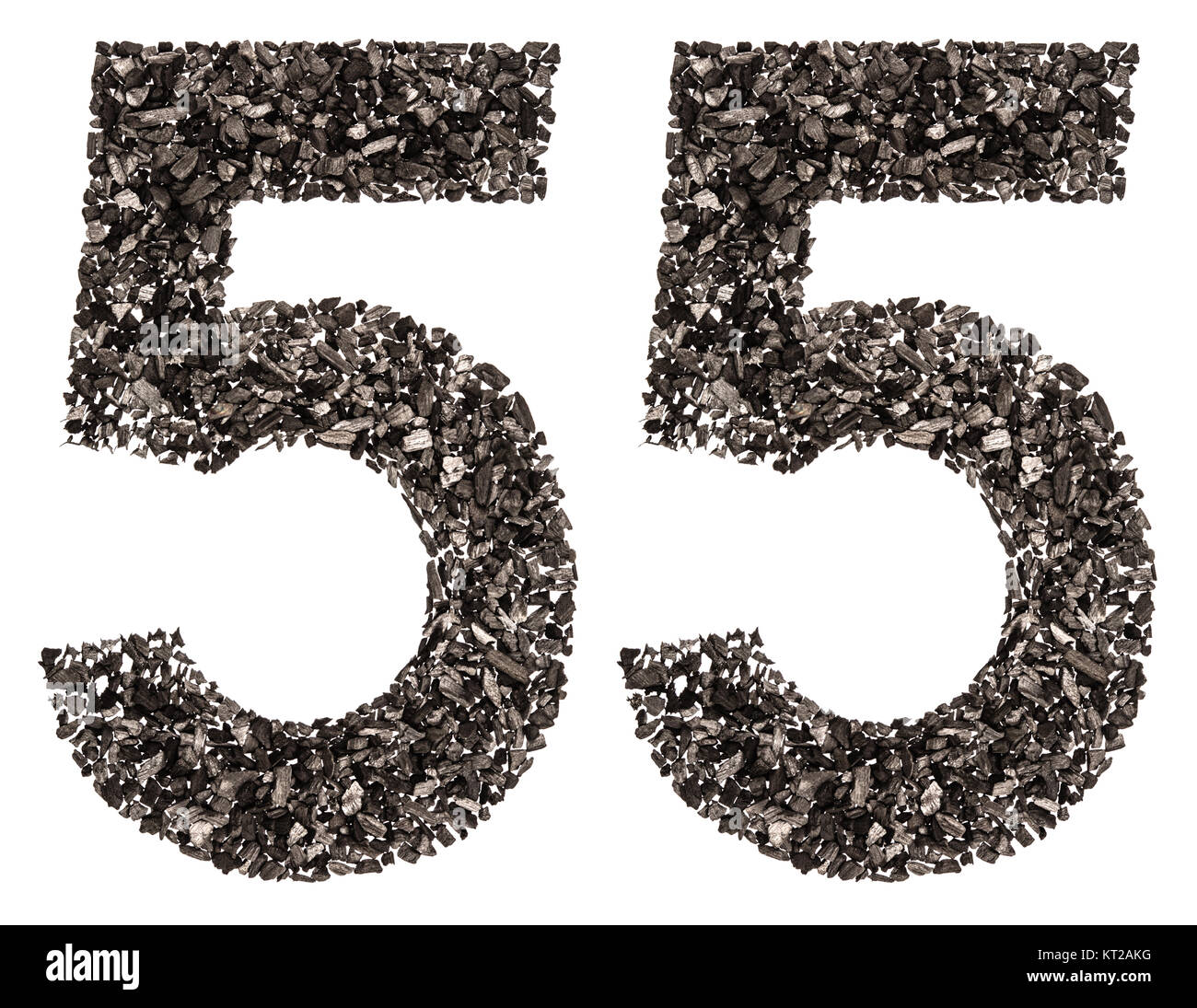 Arabic numeral 55, fifty five, from black a natural charcoal, isolated ...