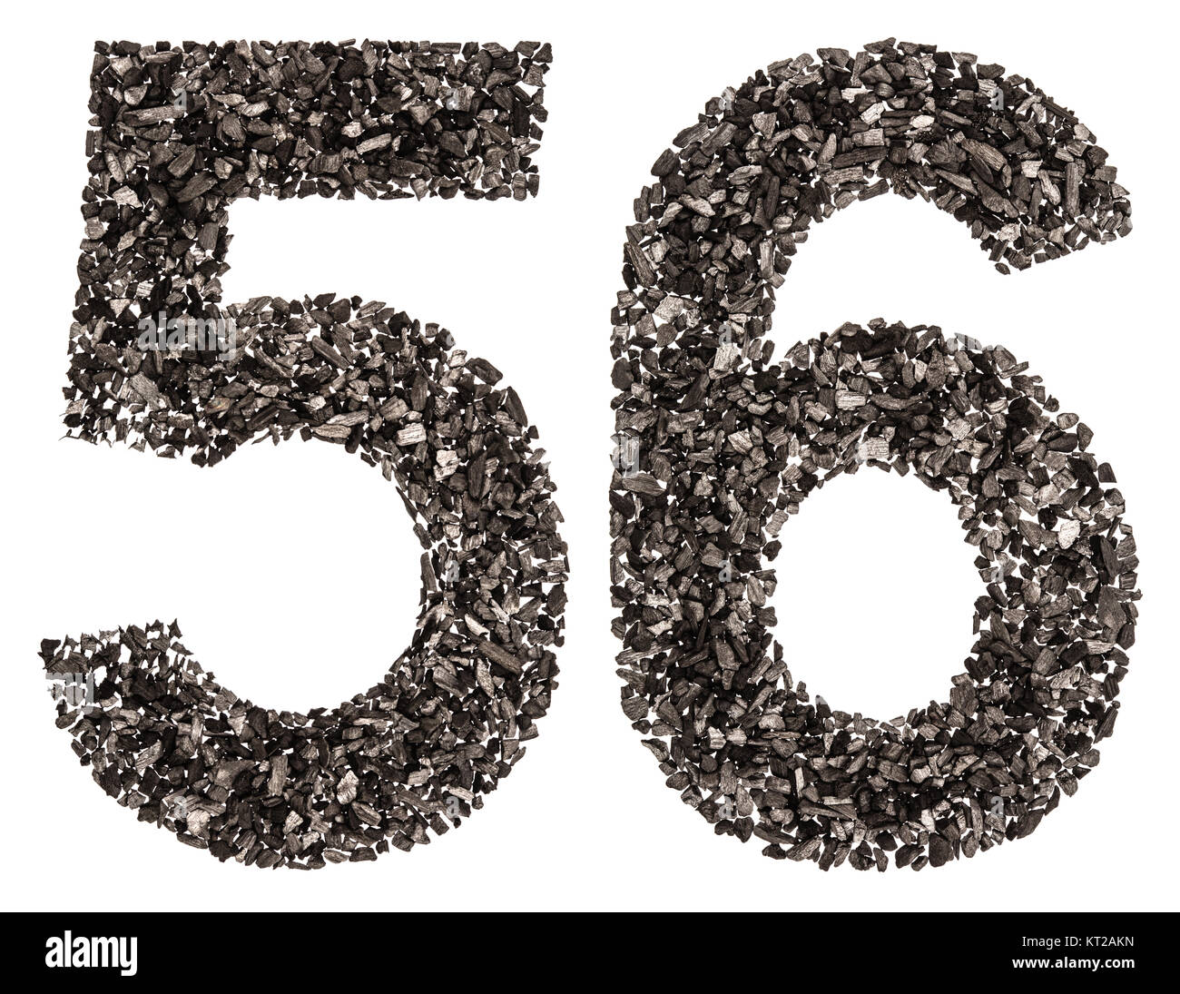 Arabic numeral 56, fifty six, from black a natural charcoal, isolated ...