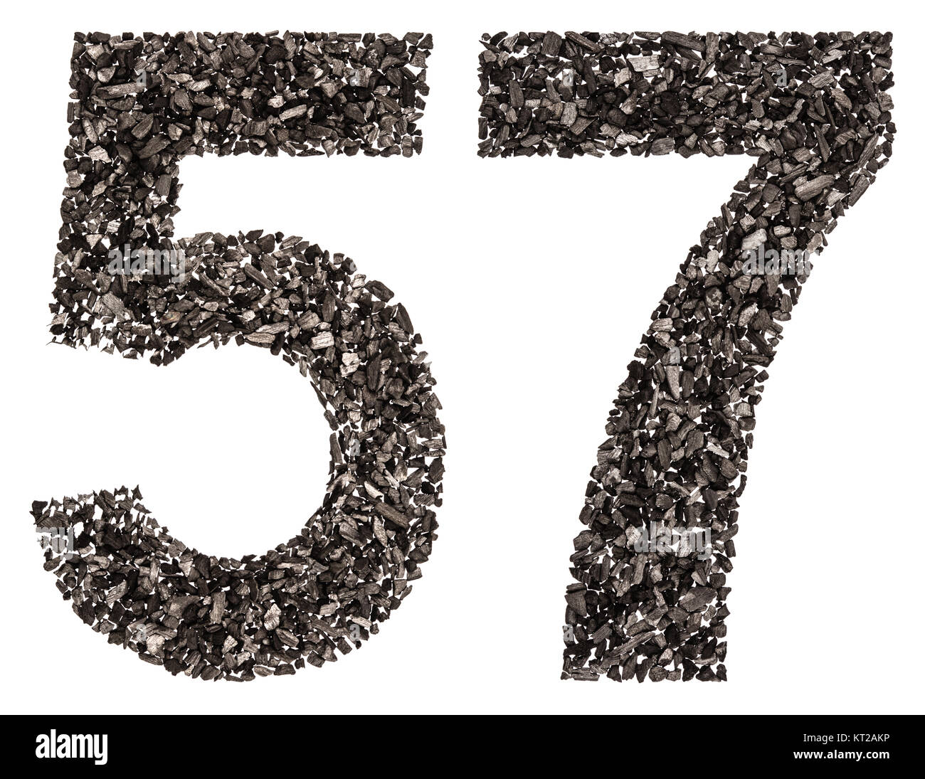 Arabic numeral 57, fifty seven, from black a natural charcoal, isolated ...