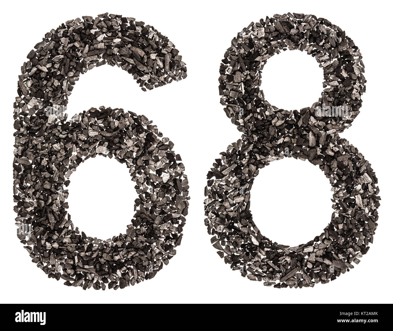 Arabic numeral 68, sixty eight, from black a natural charcoal, isolated ...