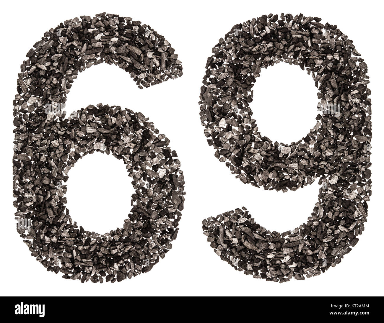 Arabic numeral 69, sixty nine, from black a natural charcoal, isolated ...