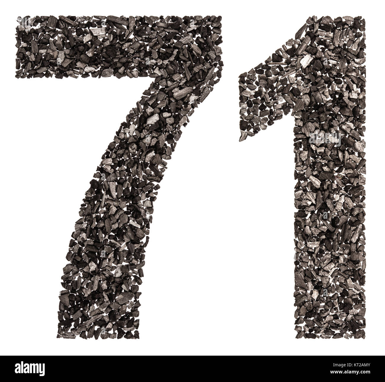 Arabic numeral 71, seventy one, from black a natural charcoal, isolated ...