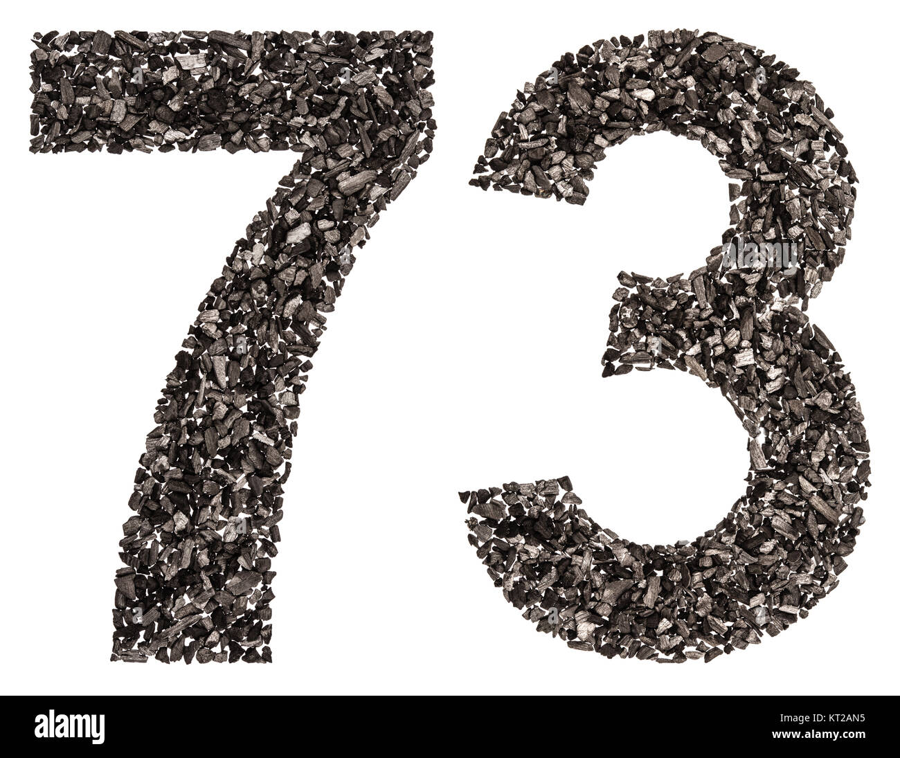 Arabic numeral 73, seventy three, from black a natural charcoal ...