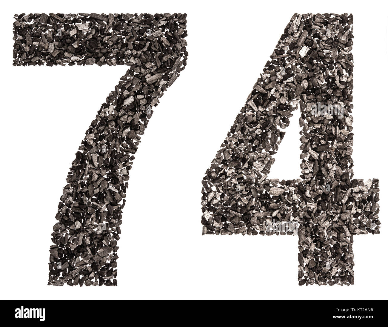 Arabic numeral 74, seventy four, from black a natural charcoal ...