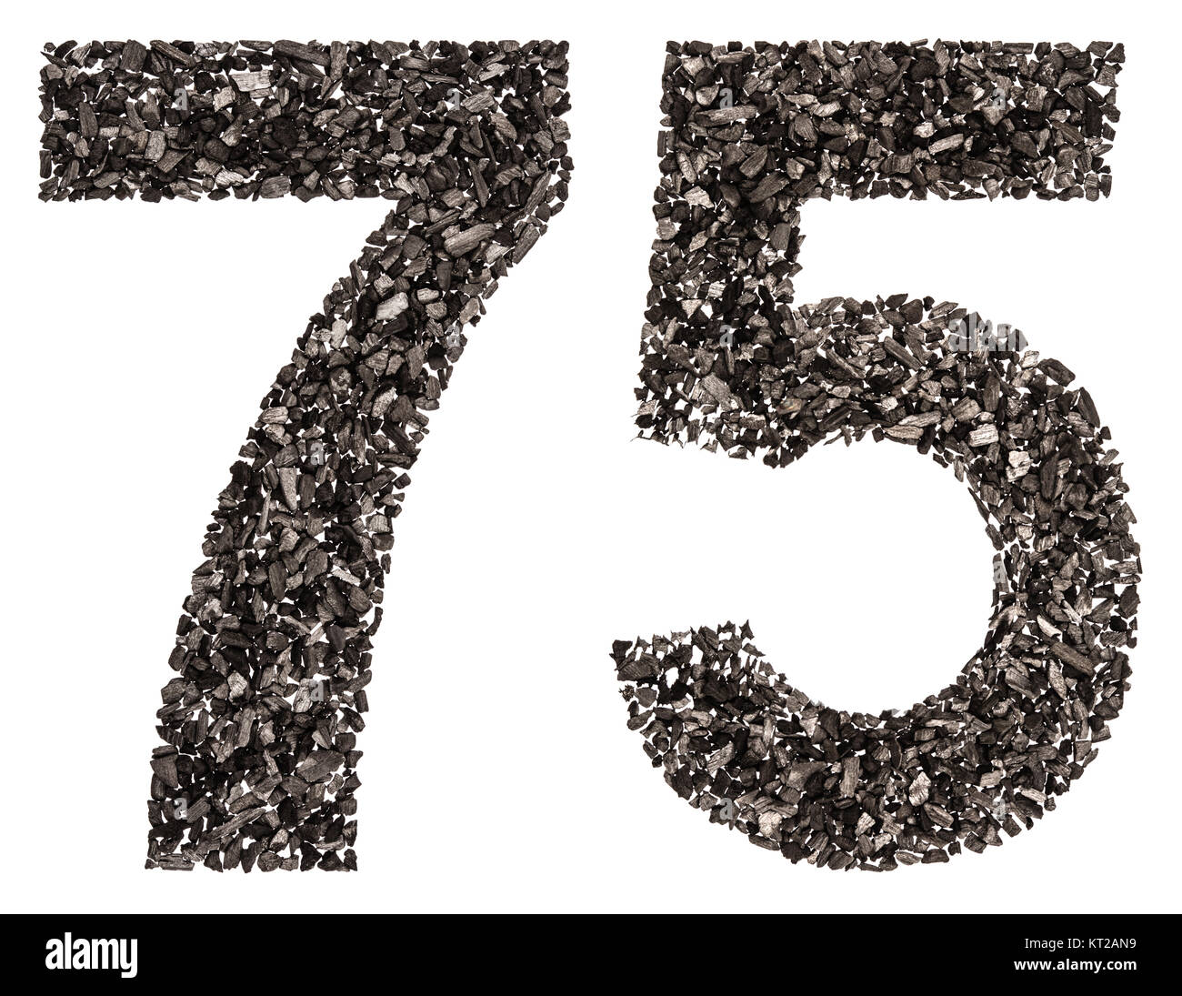 Arabic numeral 75, seventy five, from black a natural charcoal ...