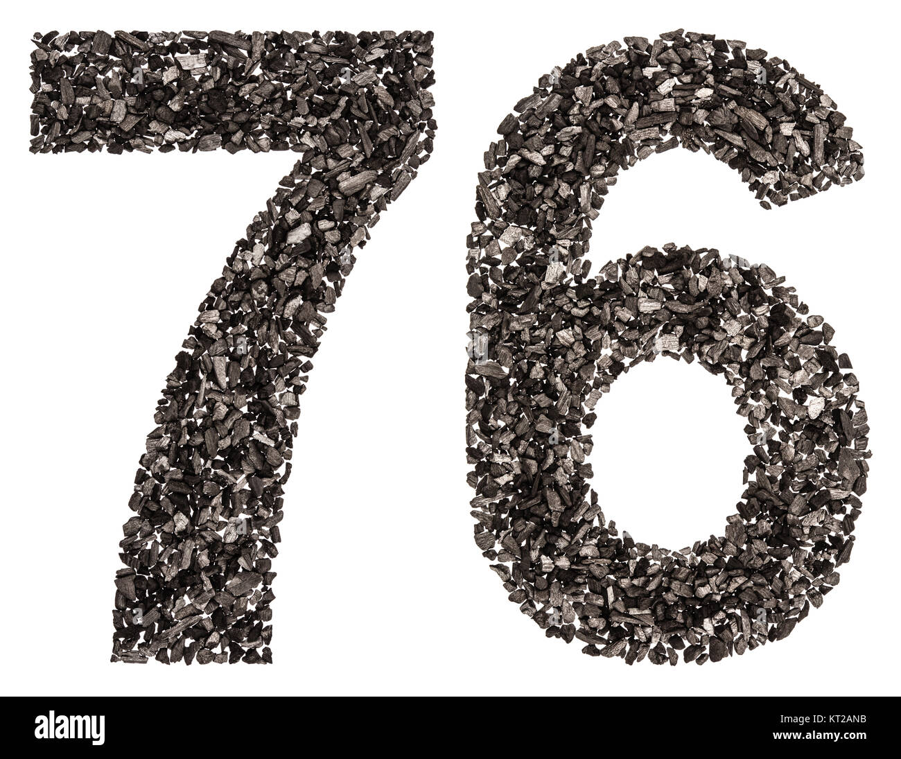 Arabic numeral 76, seventy six, from black a natural charcoal, isolated ...