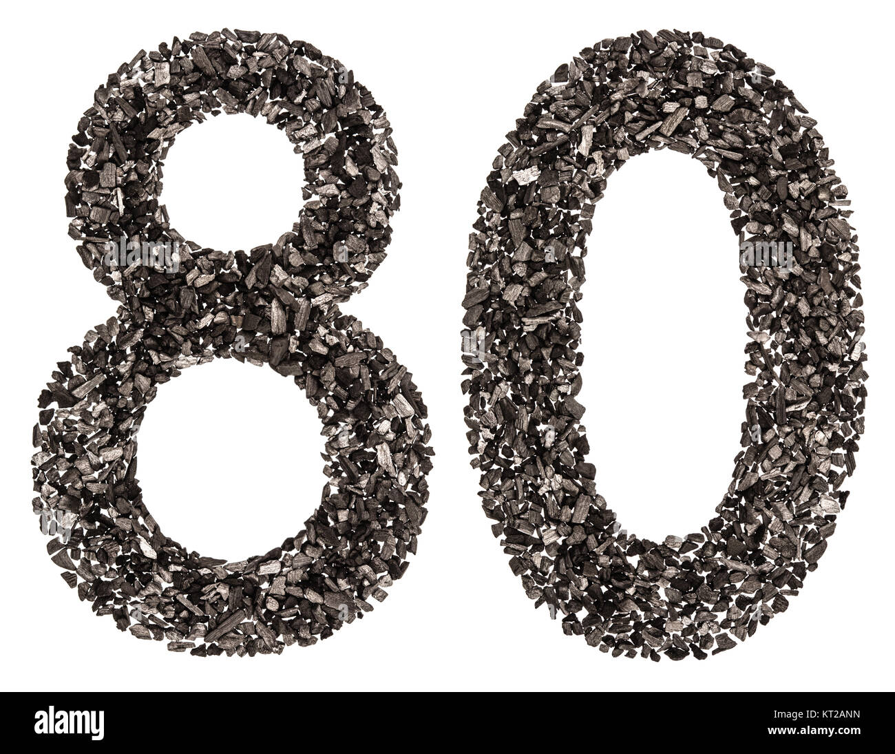 Arabic numeral 80, eighty, from black a natural charcoal, isolated on ...