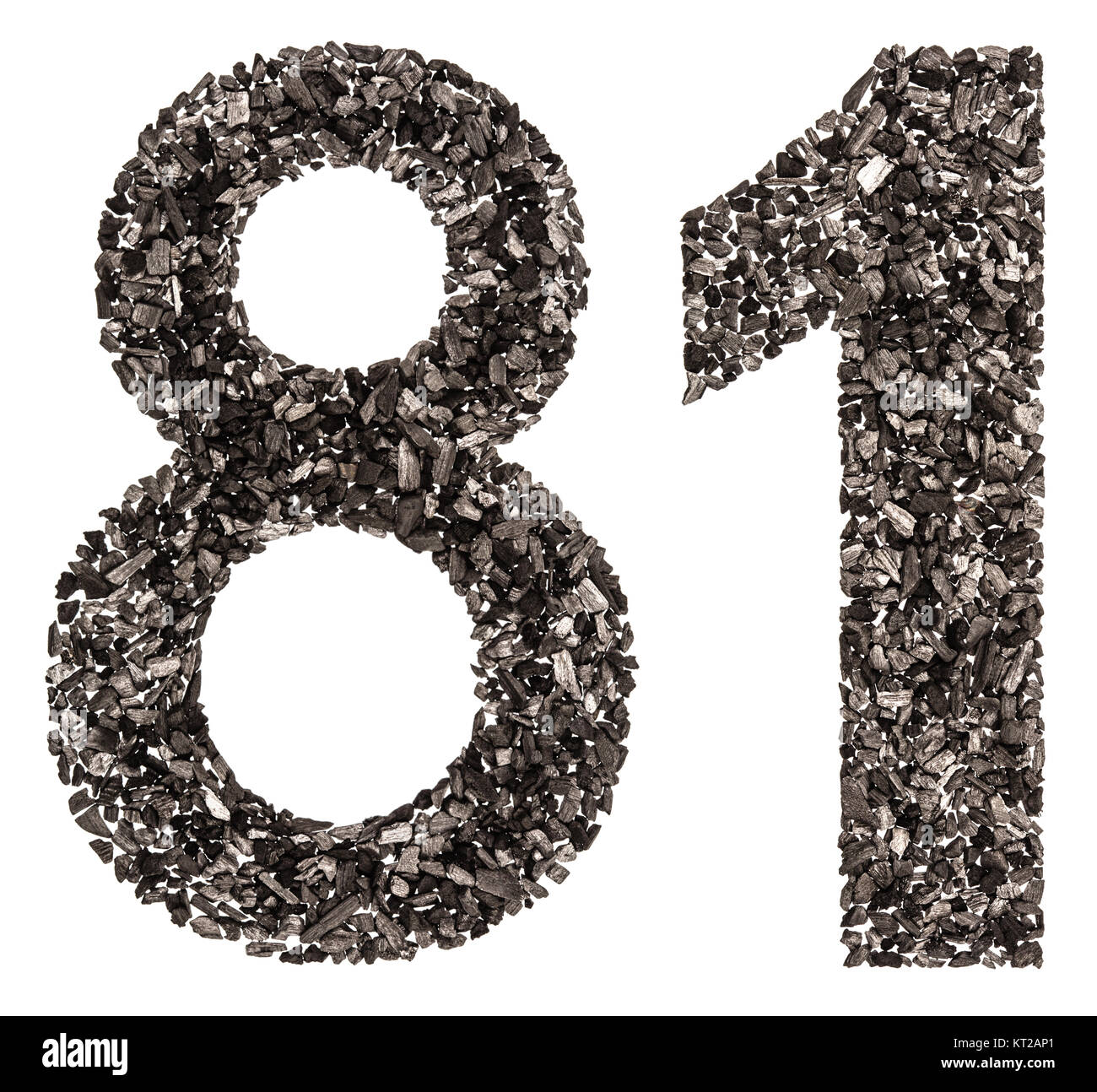 Arabic numeral 81, eighty one, from black a natural charcoal, isolated ...