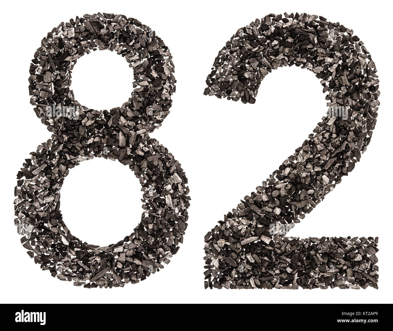 Arabic numeral 82, eighty two, from black a natural charcoal, isolated ...