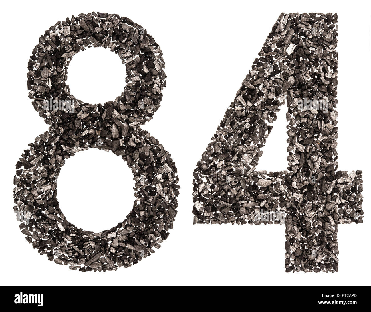 Arabic numeral 84, eighty four, from black a natural charcoal, isolated ...