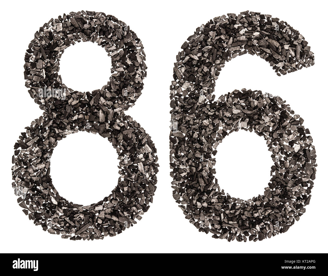 Arabic numeral 86, eighty six, from black a natural charcoal, isolated ...