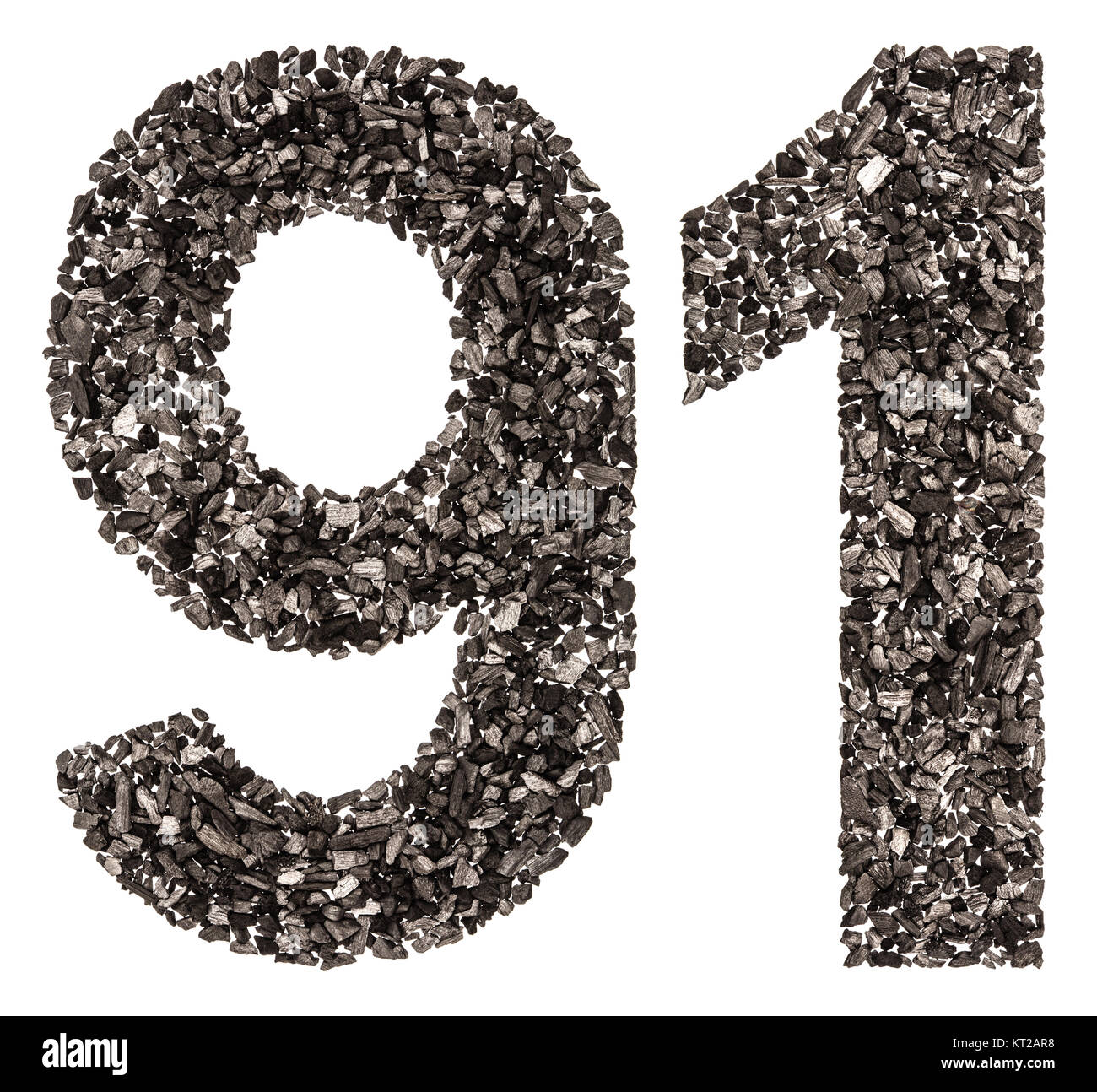 Arabic numeral 91, ninety one, from black a natural charcoal, isolated on white background Stock ...