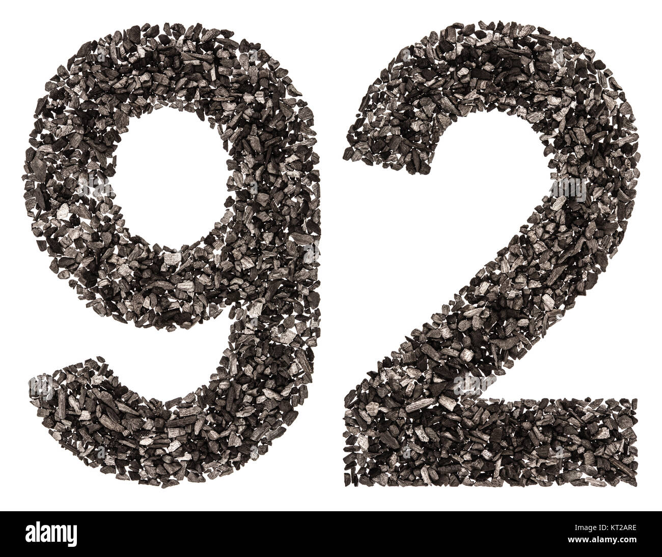 Arabic numeral 92, ninety two, from black a natural charcoal, isolated ...