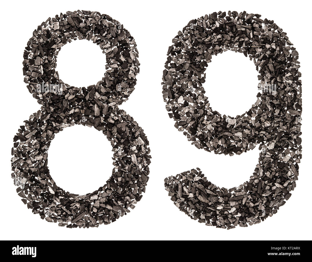 Arabic numeral 89, eighty nine, from black a natural charcoal, isolated ...