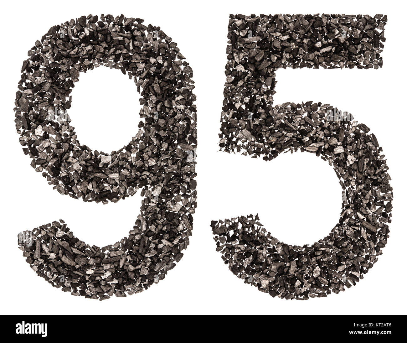 Arabic numeral 95, ninety five, from black a natural charcoal, isolated ...