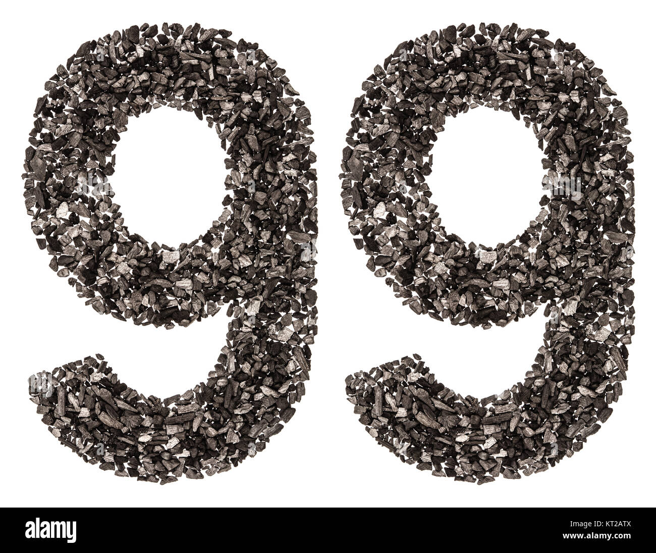 Arabic numeral 99, ninety nine, from black a natural charcoal, isolated ...