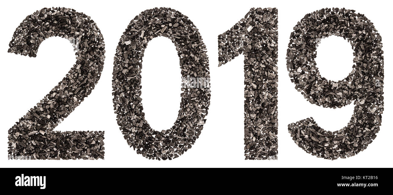 Numeral 2019 from black a natural charcoal, isolated on white ...