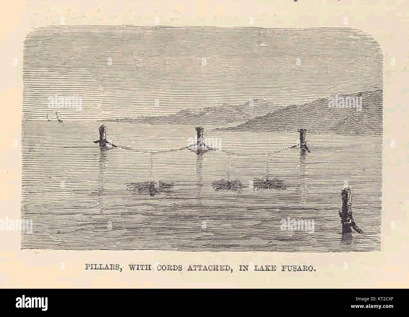 A historical photo of pillars with cords attached in Lake Fusaro, Italy ...