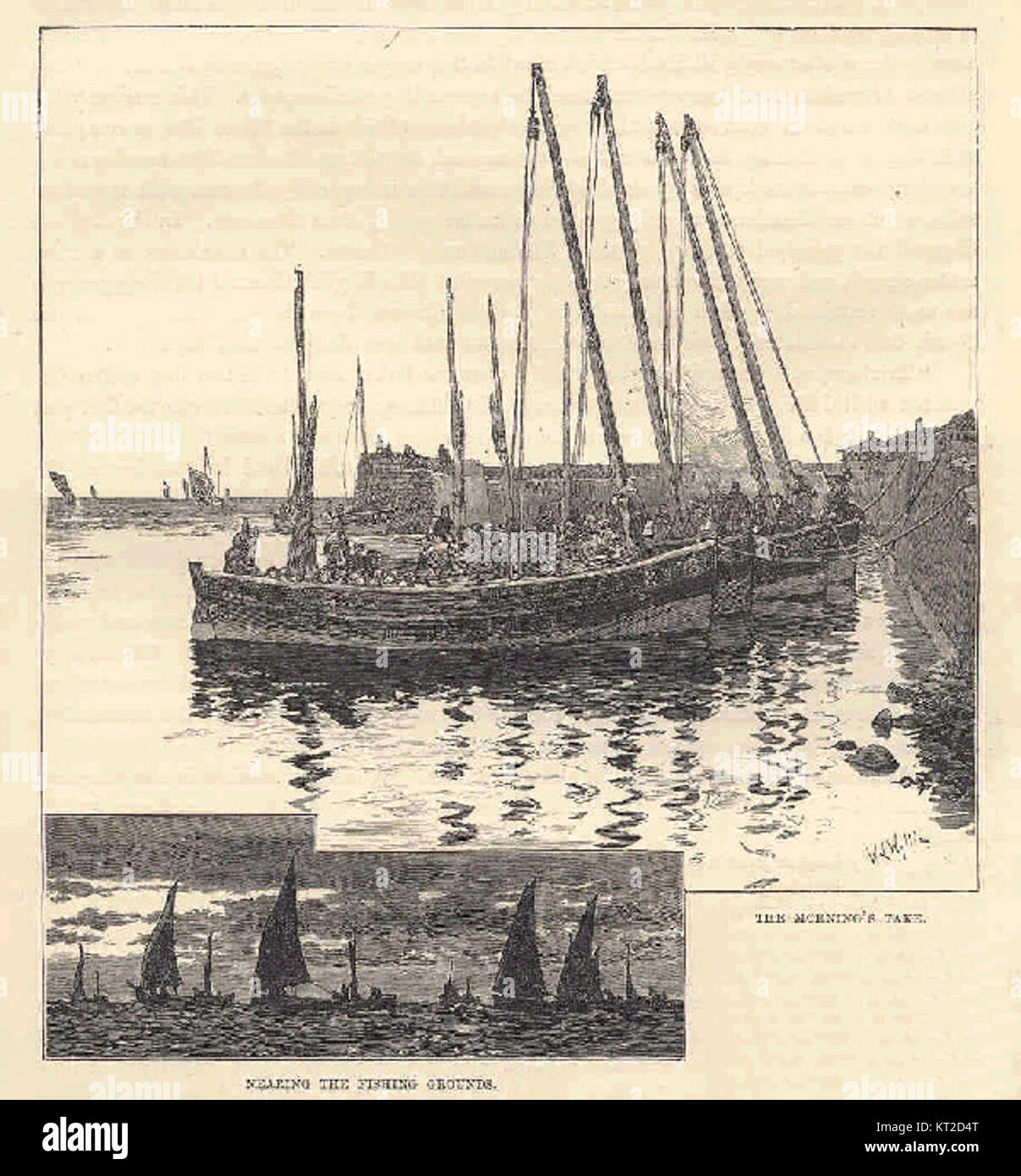 A painting depicting a tranquil morning scene as a fishing vessel nears ...