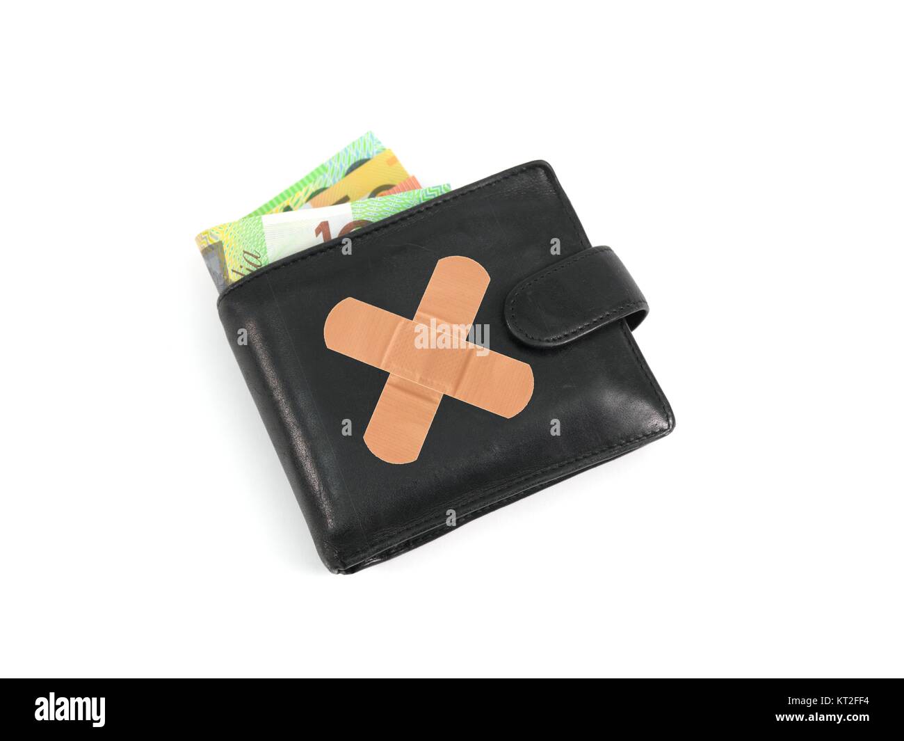 A black wallet and a band aid isolated against a white background Stock ...