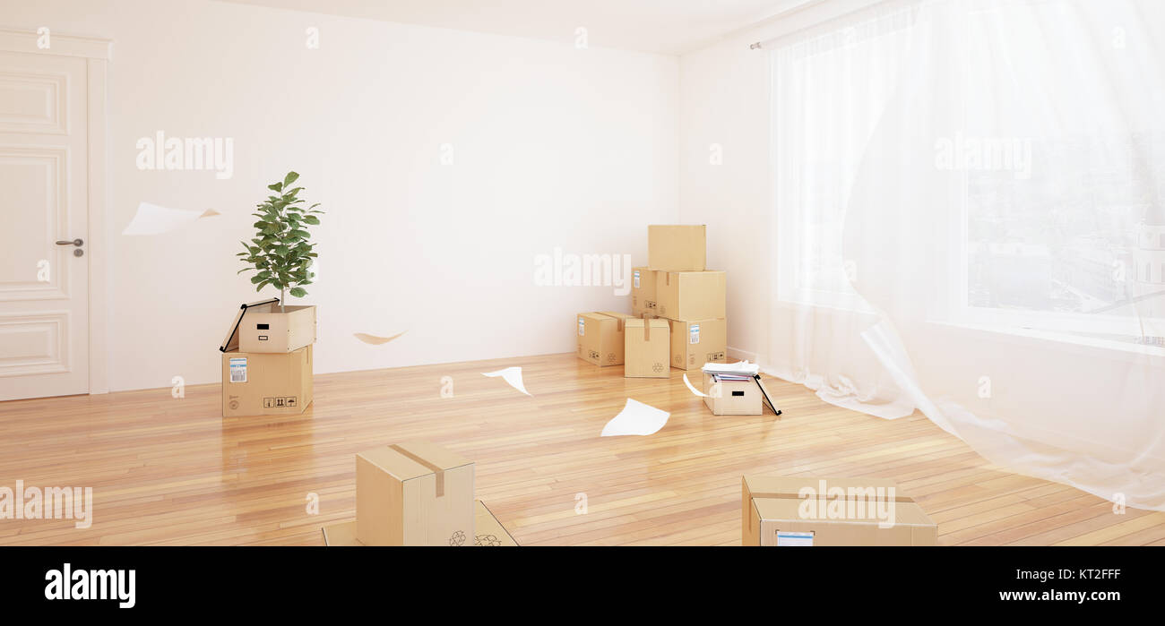 Interior with moving boxes in empty white room Stock Photo - Alamy