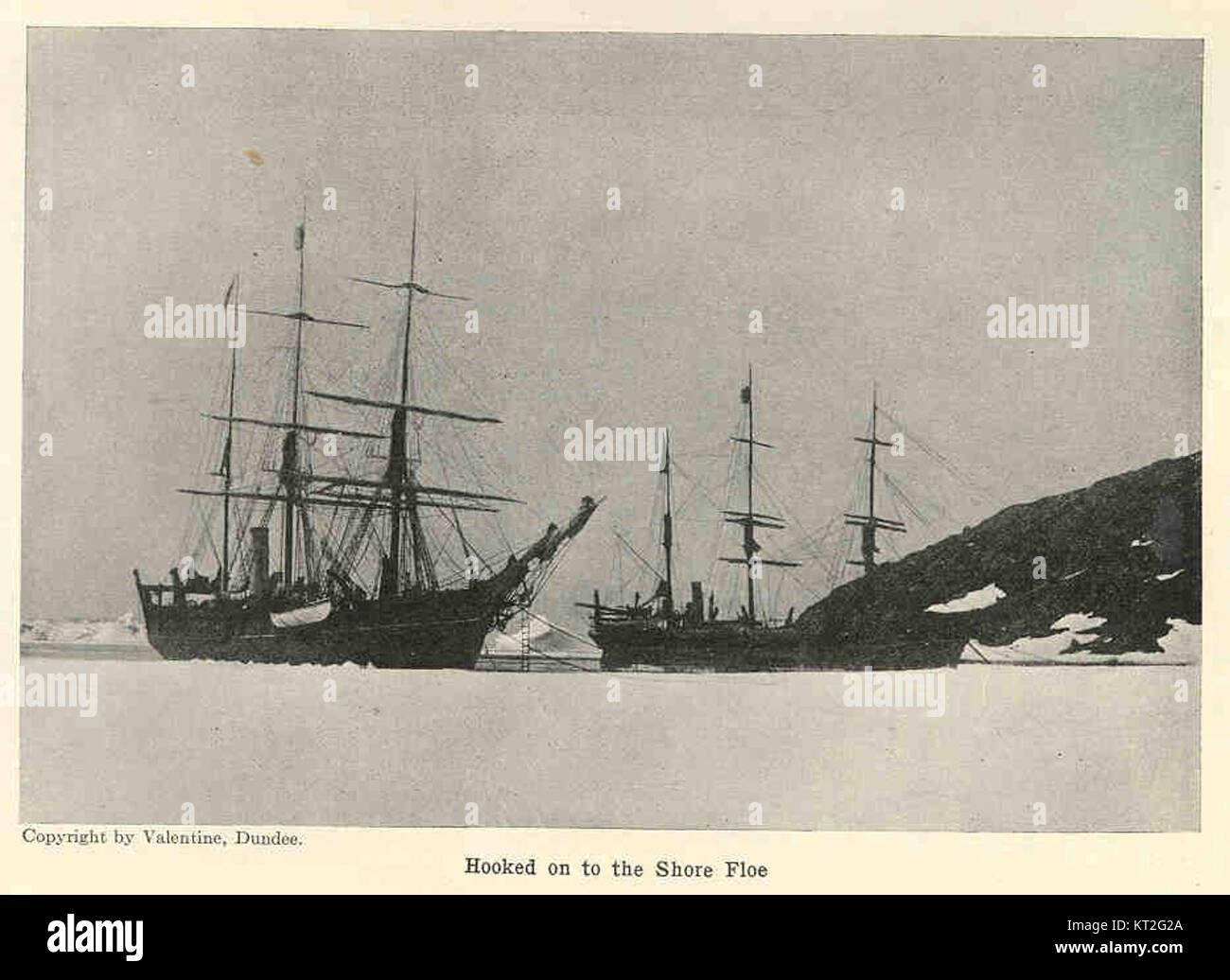 This photograph depicts a scene of an ice floe with a ship or object ...