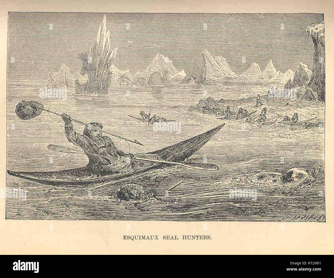 A historical photograph depicting Eskimo seal hunters in their native ...