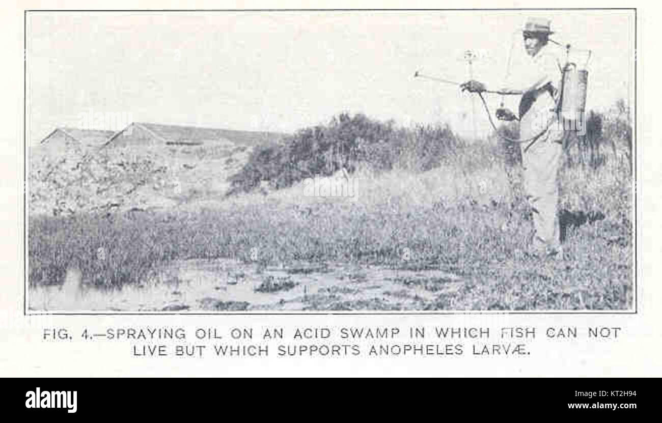 This image depicts the spraying of oil on an acid swamp, a habitat ...