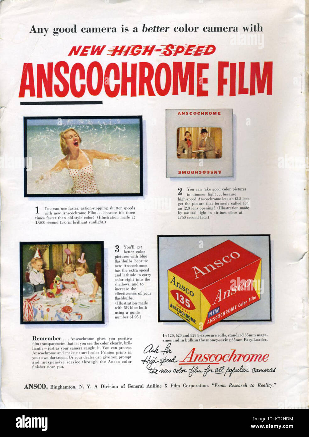 An advertisement from 1955 promoting higher speed Anscochrome film, a ...