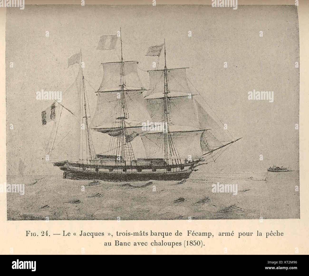 The image depicts Jacques, a three-masted barque from FÃ©camp, used for ...