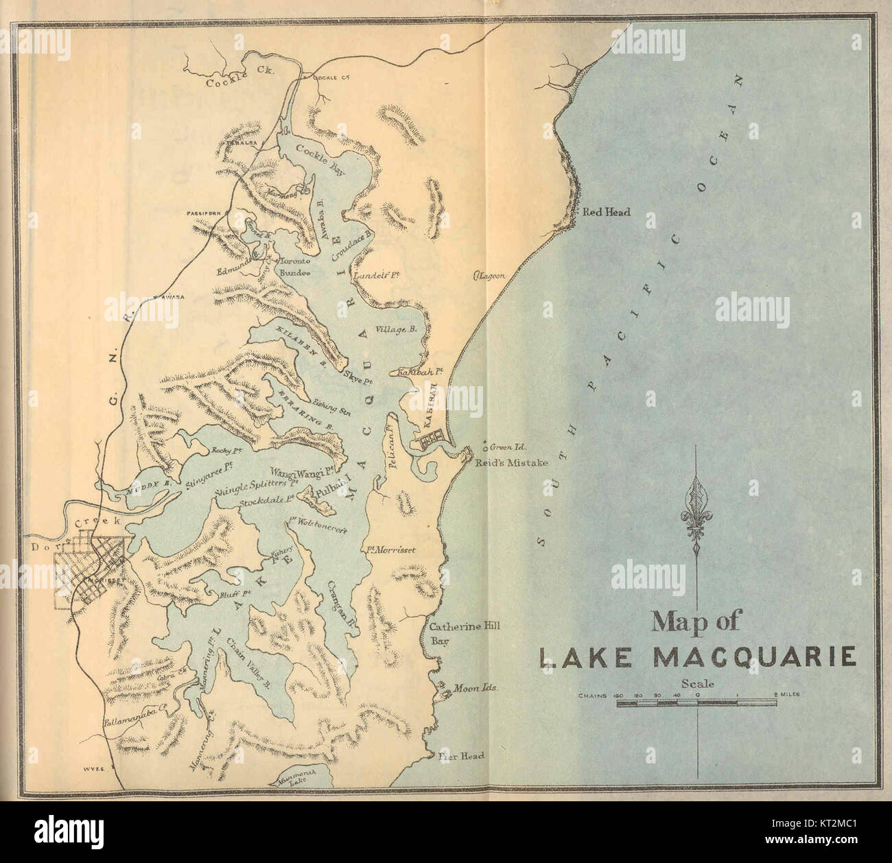 A detailed map of Lake Macquarie in New South Wales, Australia, showing ...