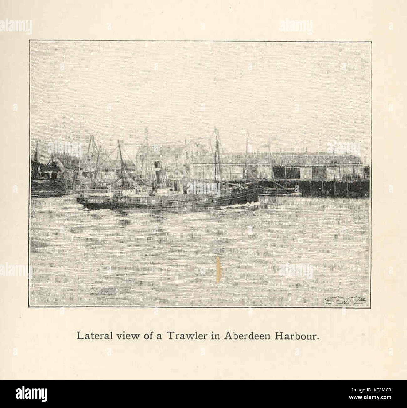 This image shows a lateral view of a trawler docked in Aberdeen Harbour ...