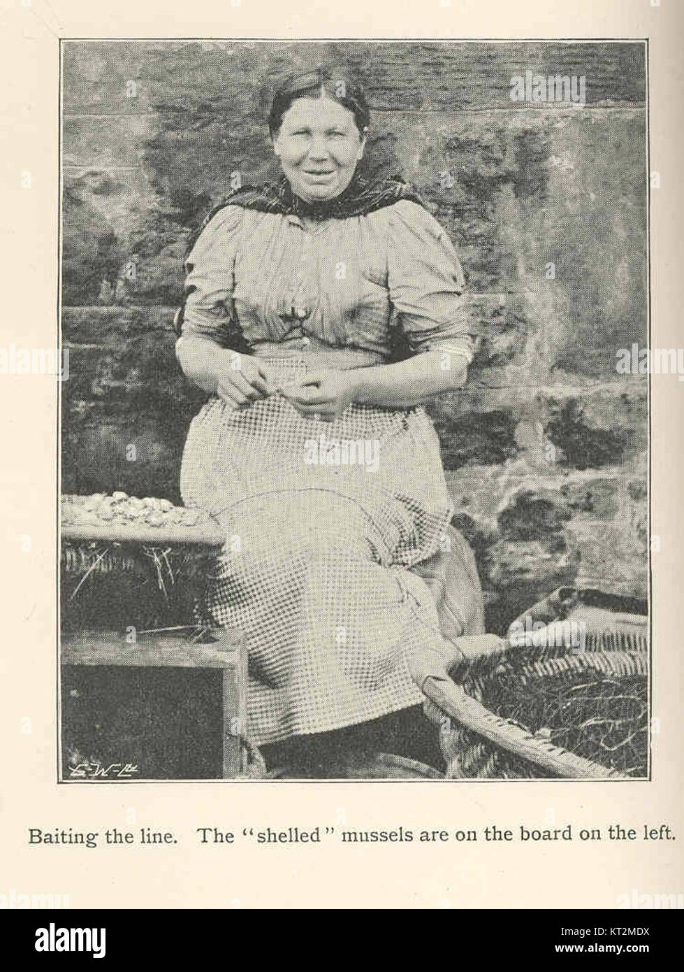 The image shows a setup for baiting the line with mussels, an essential ...