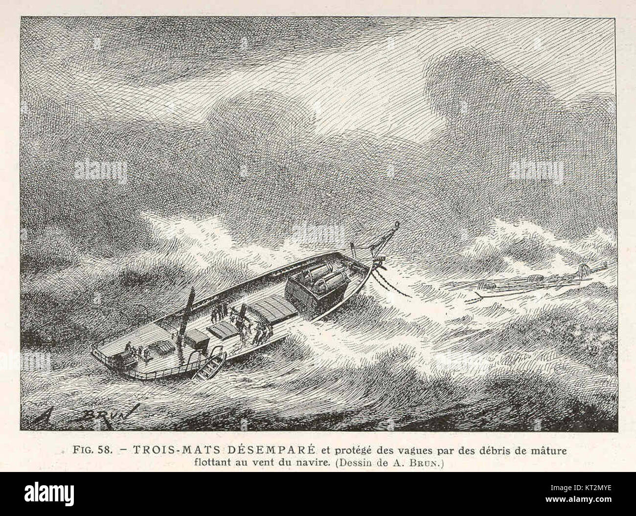 The artwork depicts a three-masted ship battling against waves, with ...