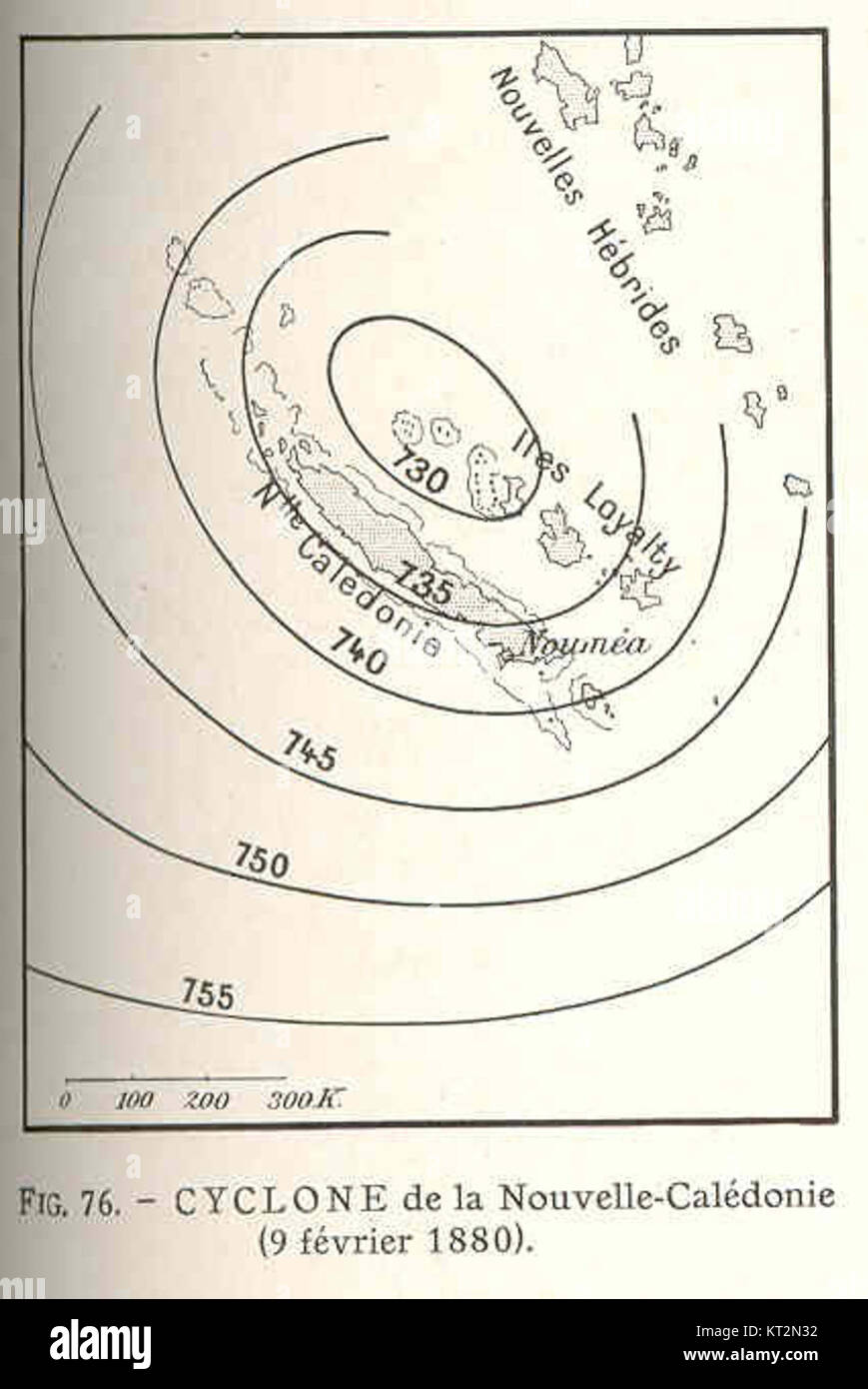 This image depicts the 'Cyclone de la Nouvelle-Caledonie,' a powerful ...