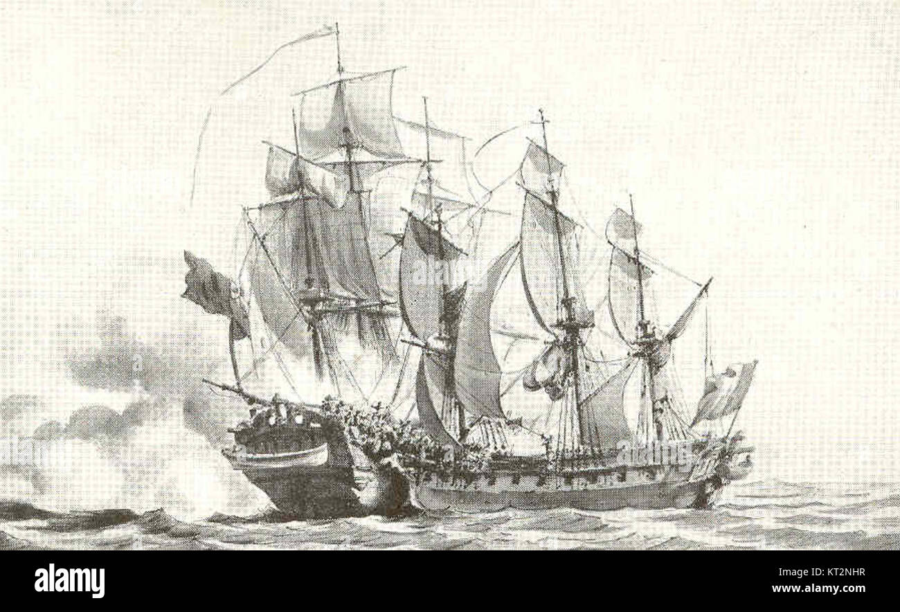 This historical scene depicts the battle between the French frigate ...