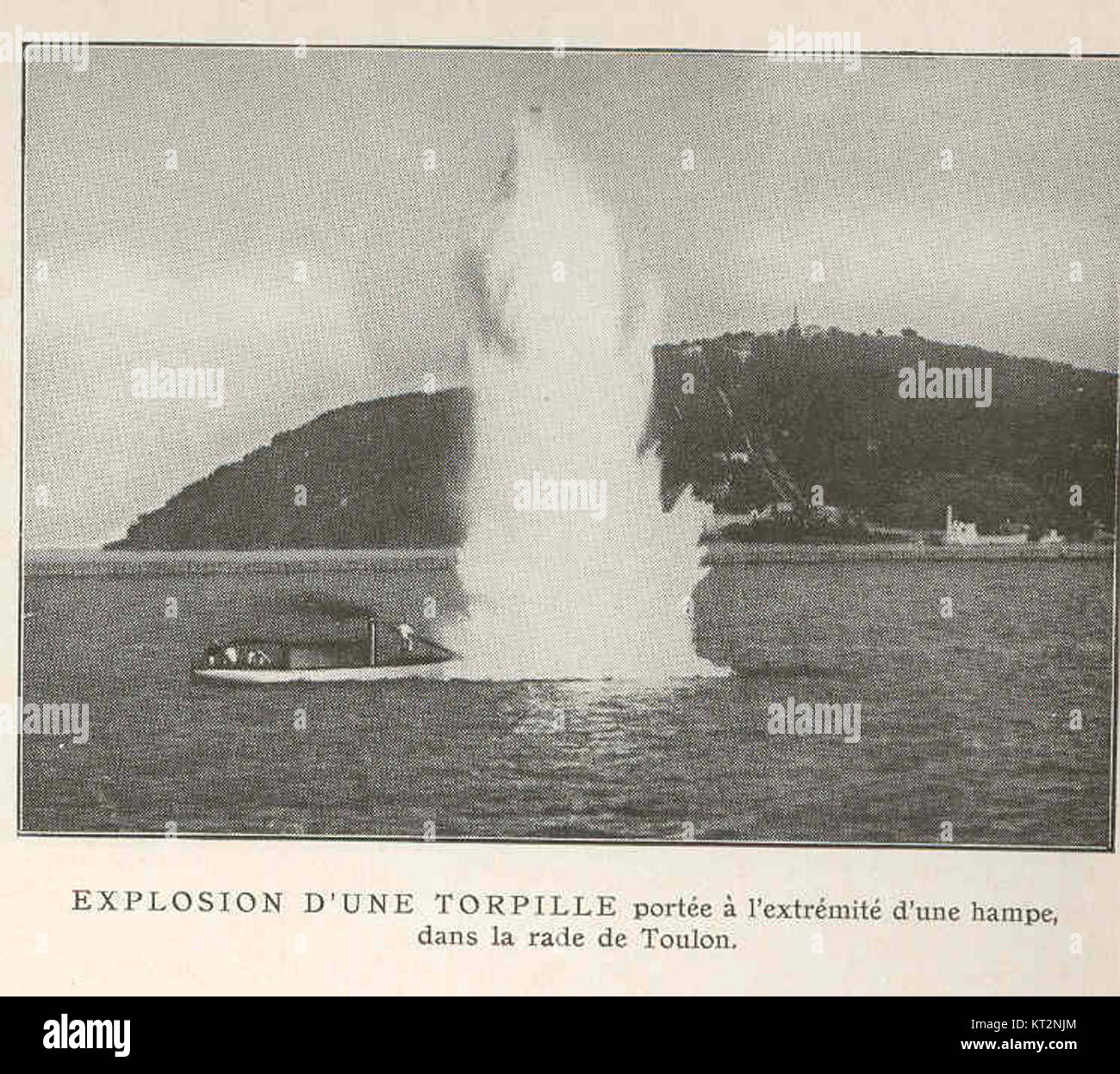 This image captures the explosion of a torpedo at the end of a mast in ...