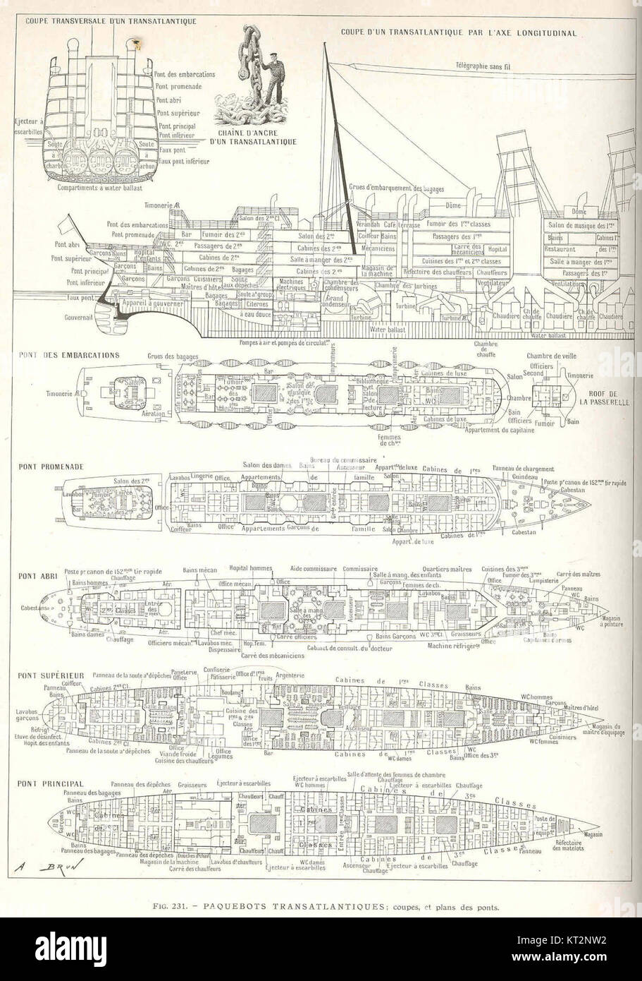 This historical document features detailed plans and cross-sections of ...