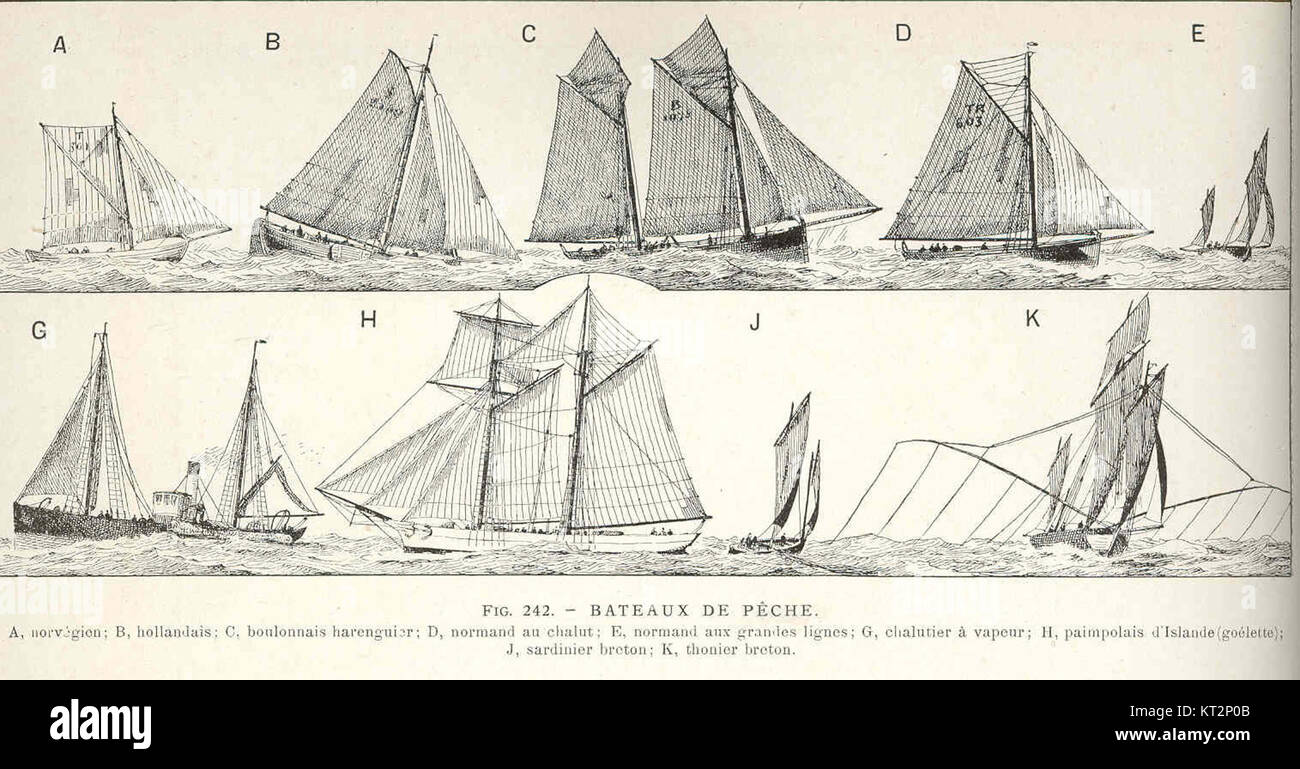A historical image of fishing boats (Bateaux de Peche), depicting ...