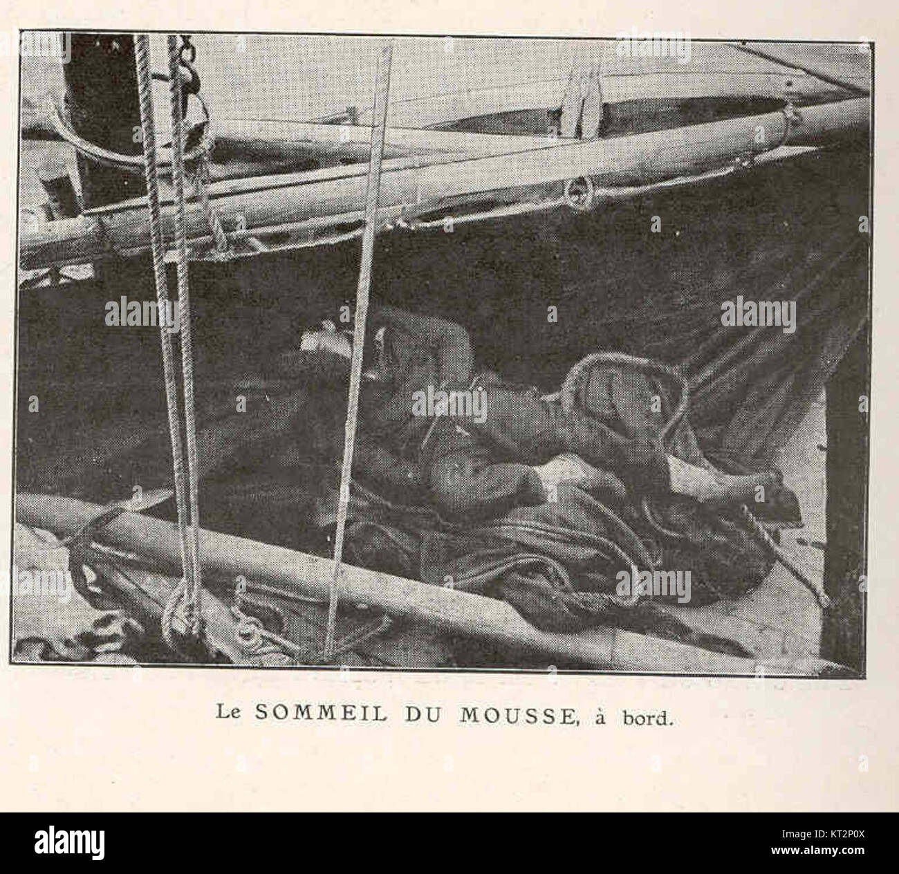 This image, titled 'Sommeil du Mousse, a bord,' captures a scene of a ...