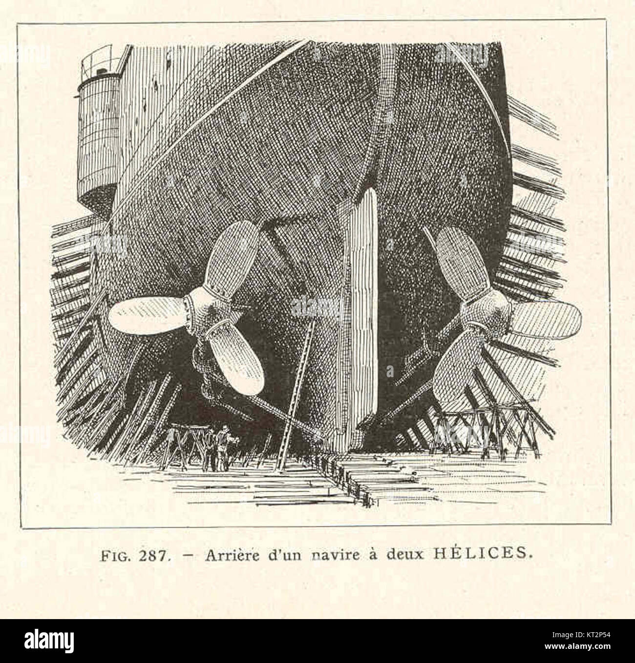 This image shows the rear view of a ship with two propellers, a typical ...