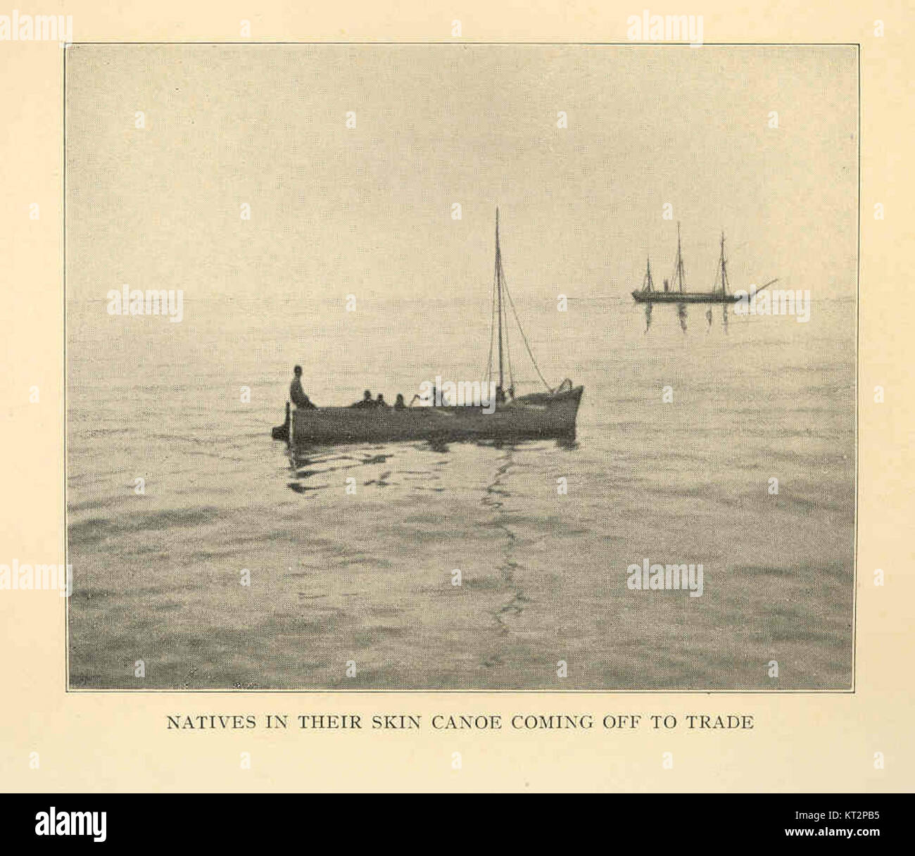 A historical image depicting natives in a traditional skin canoe ...