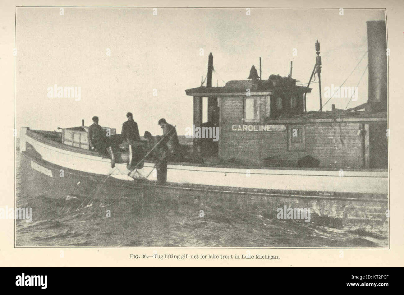 This image captures a tugboat lifting a gill net used for lake trout ...