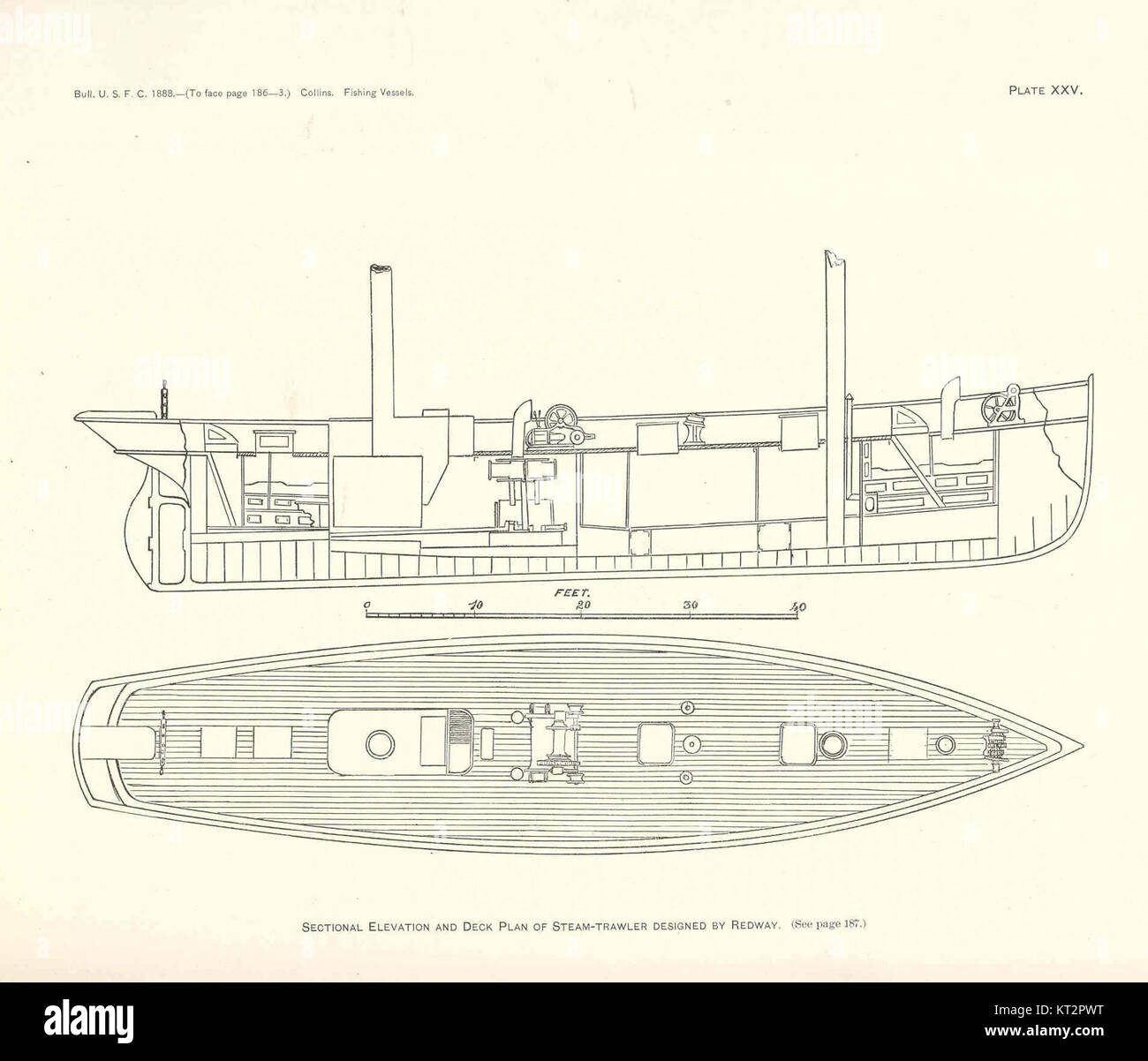 The sectional elevation and deck plan of a steam trawler, designed by ...