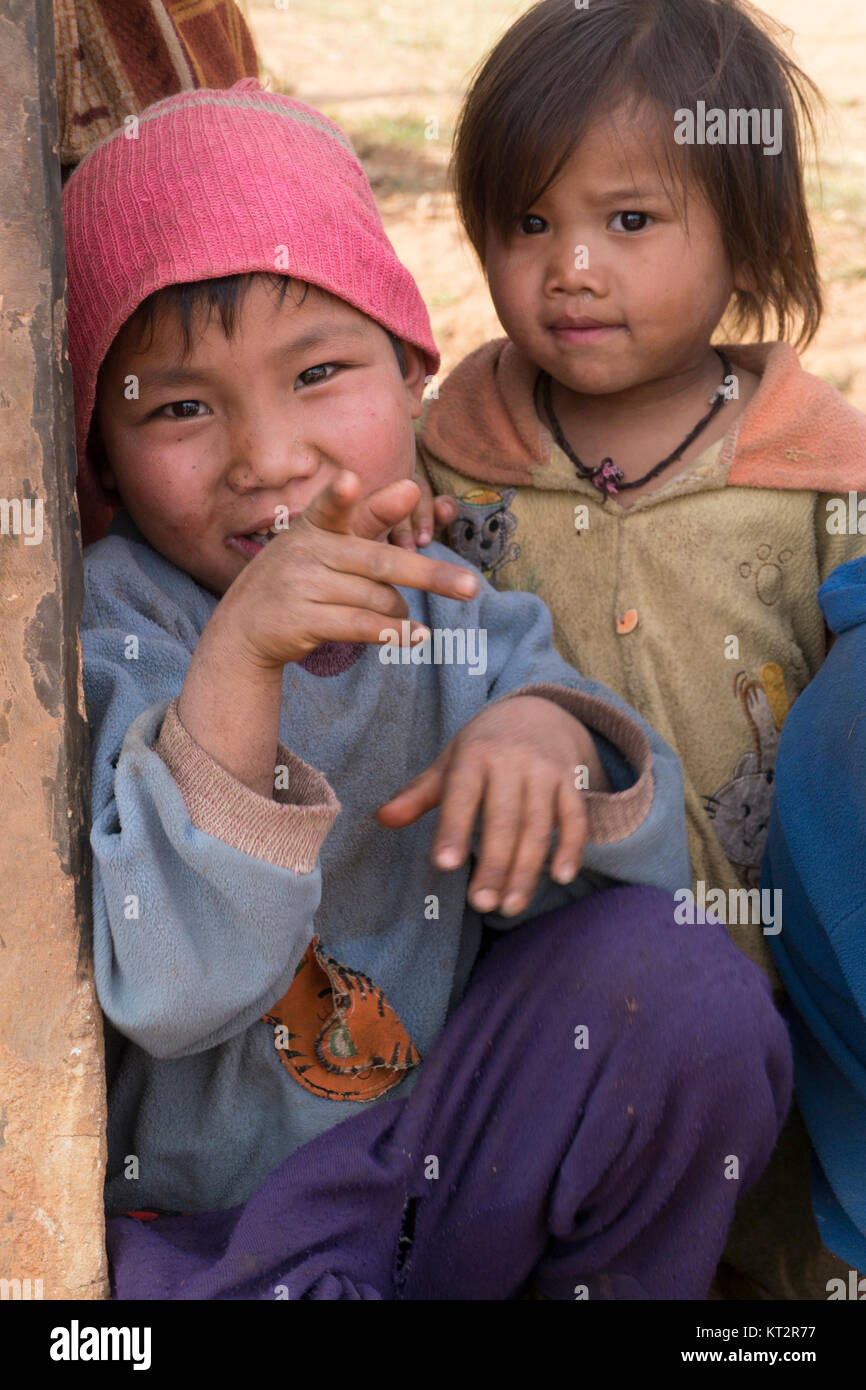 Portrait young Burmese child from a village up on the hills of Inle ...