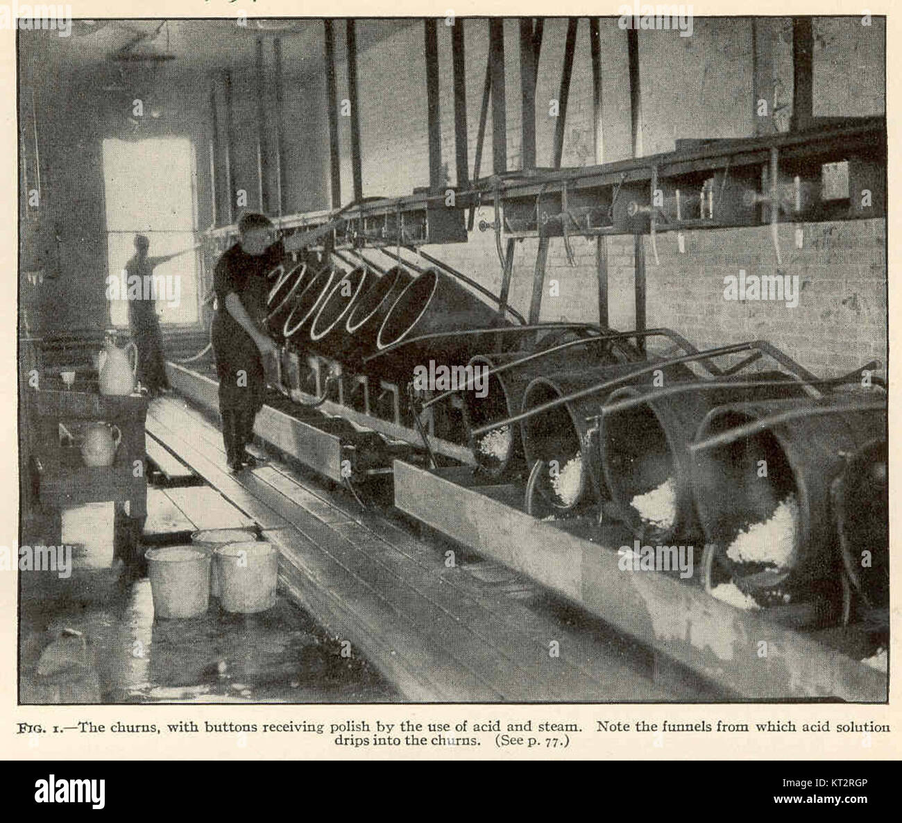 This historical image shows churns being polished using acid and steam ...