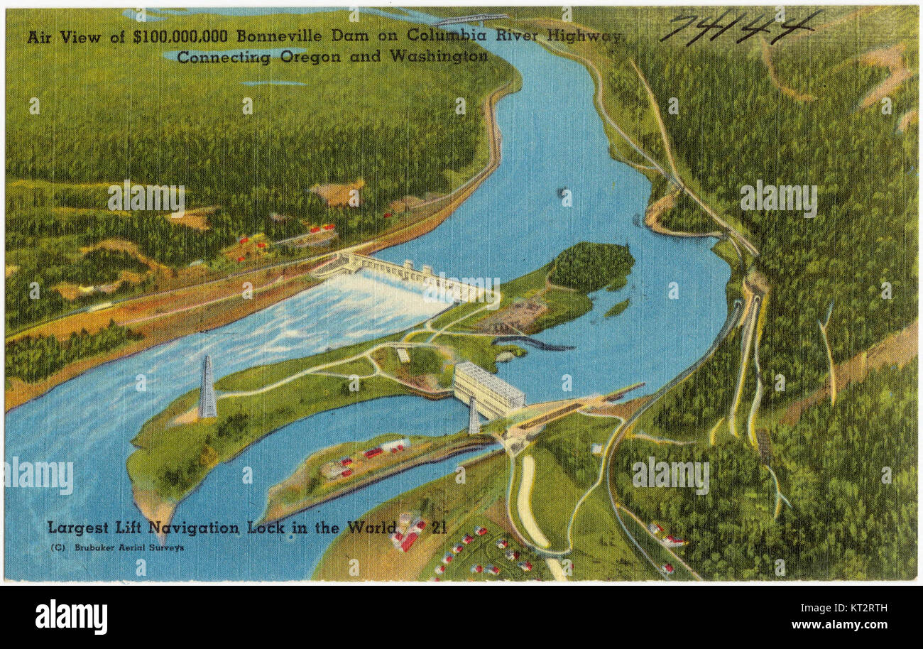 An aerial view of the Bonneville Dam, located on the Columbia River between Oregon and ...