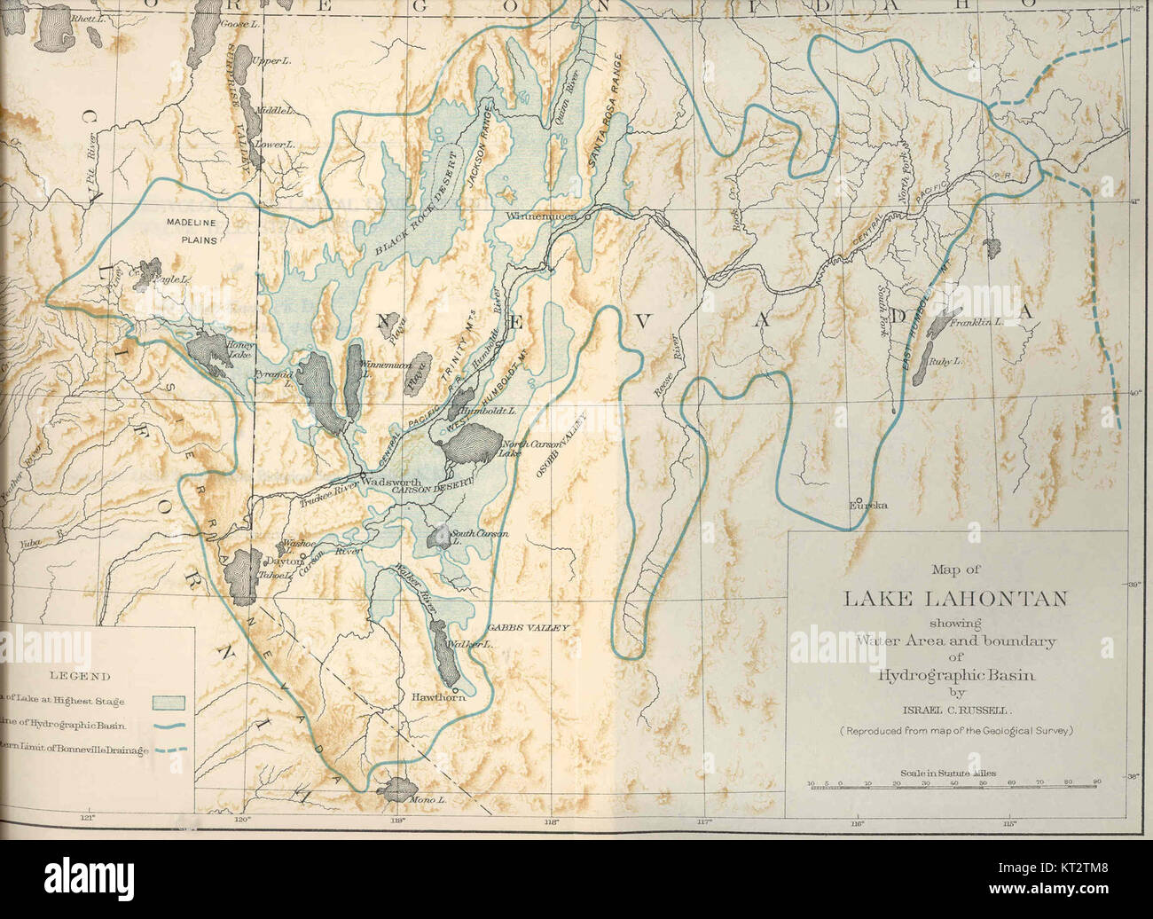 The map of Lake Lahontan illustrates the water area and boundary of its ...