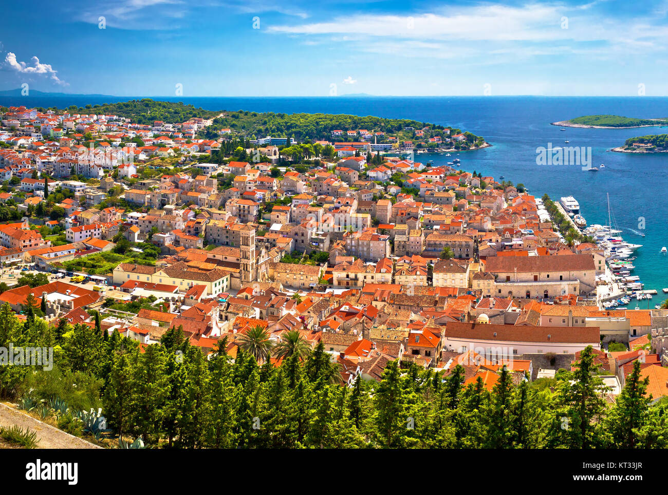 Hvar island old historic center aerial panoramic Stock Photo - Alamy