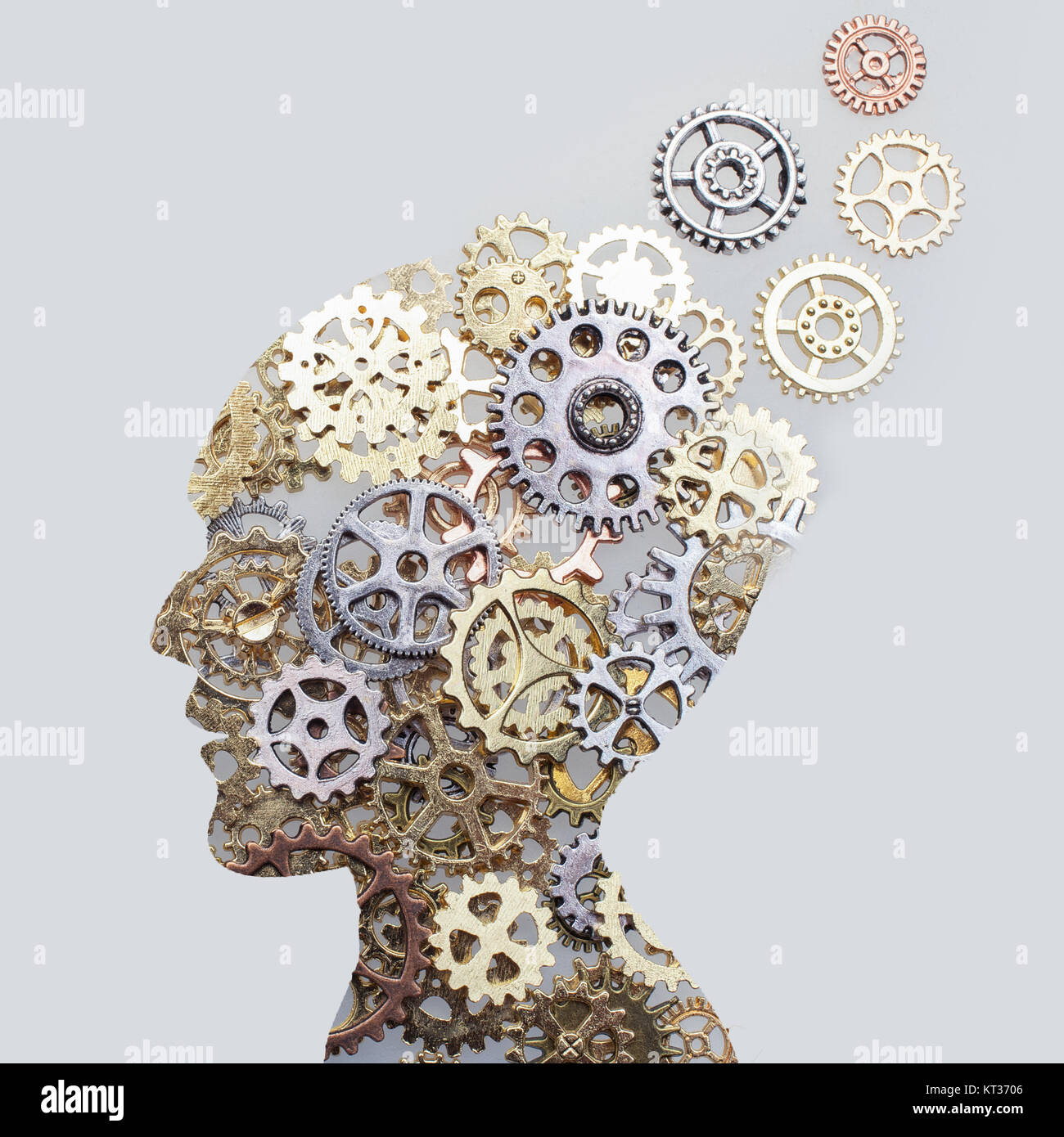 Brain model concept made from gears and cogwheels in grey plate Stock ...